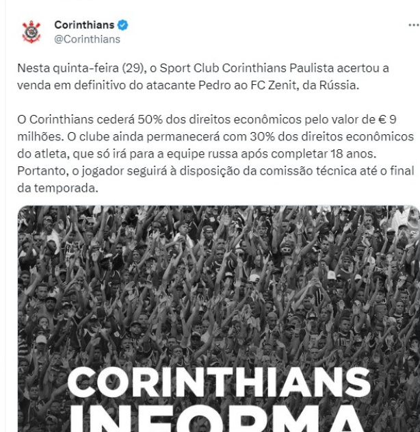 Corinthians confirma a venda de Pedro para o Zenit, da Rússia; veja valor